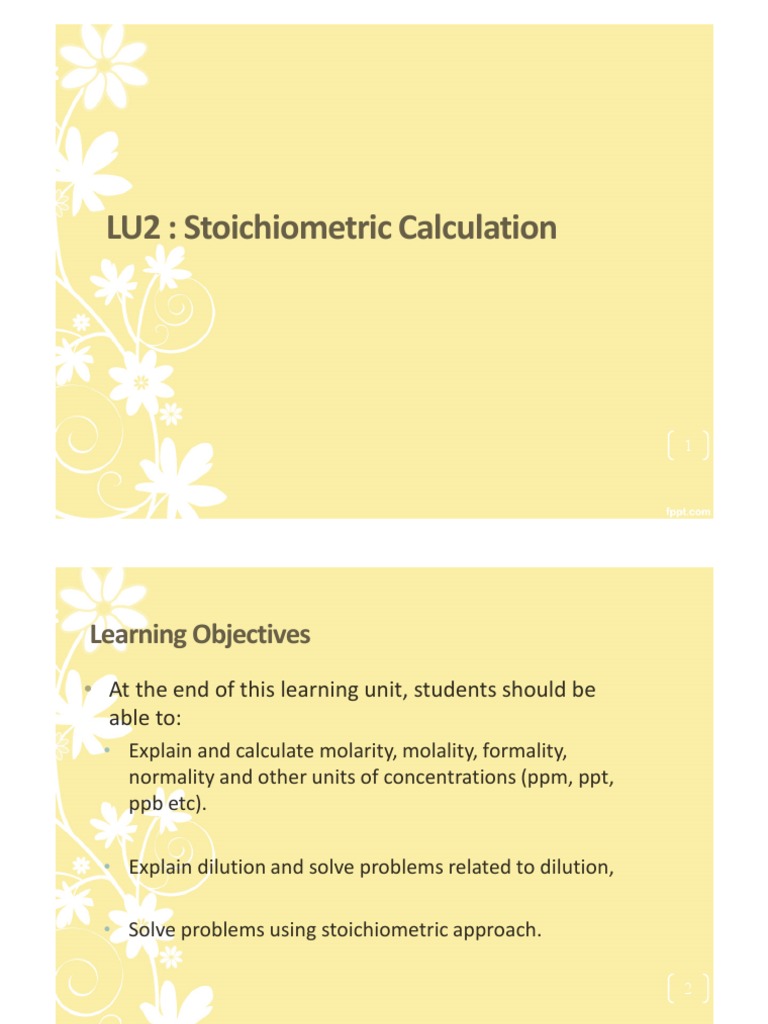 LU2 Stoichiometry Calculation | PDF | Molar Concentration | Parts Per ...