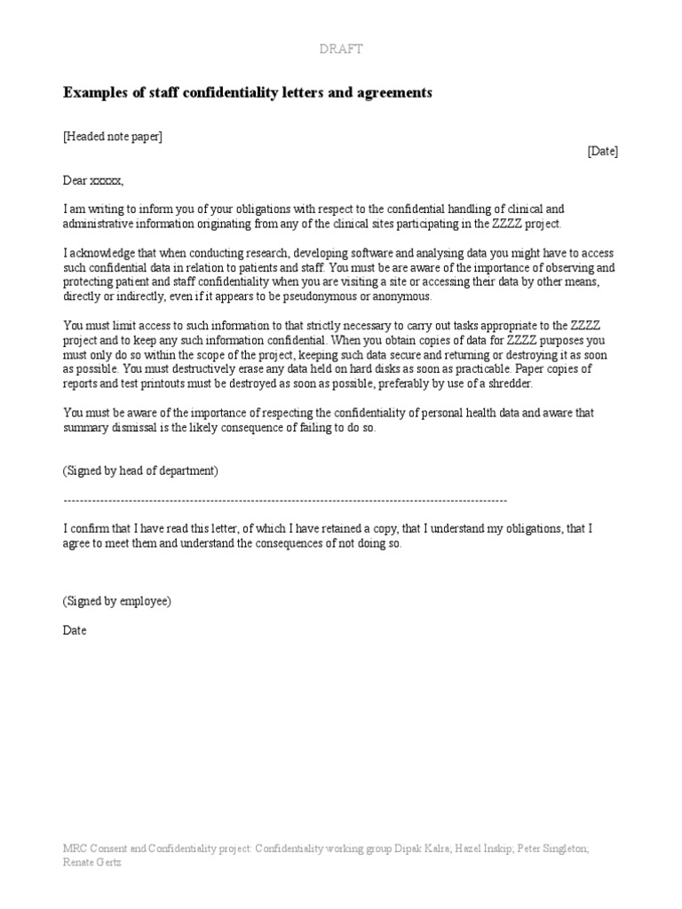Examples of Staff Confidentiality Letters and Agreements | PDF ...
