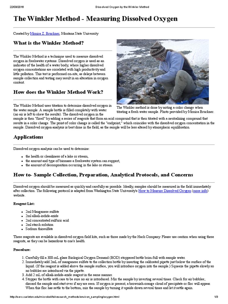 Dissolved Oxygen by The Winkler Method | PDF | Titration | Chemistry