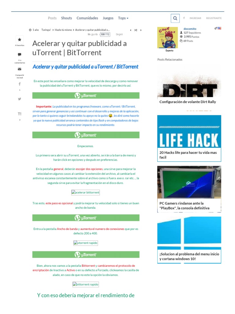 Acelerar y Quitar Publicidad A UTorrent - BitTorrent | PDF | Tecnología digital | Software
