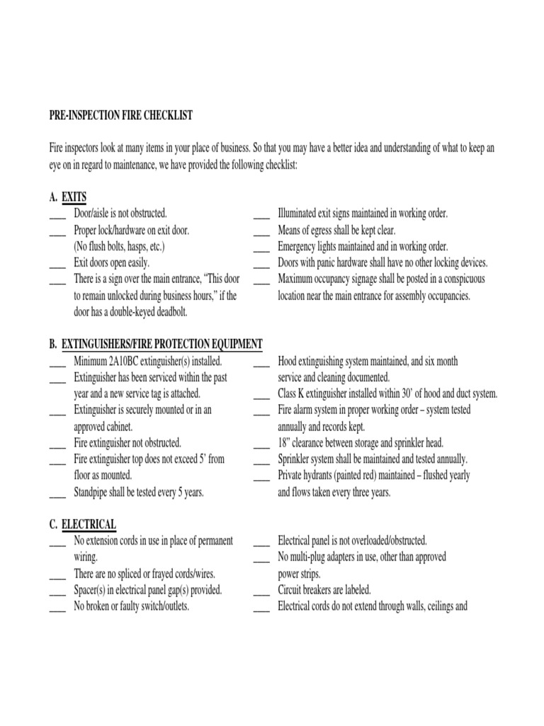 Fire Inspection Checklist | PDF | Door | Fire Sprinkler System