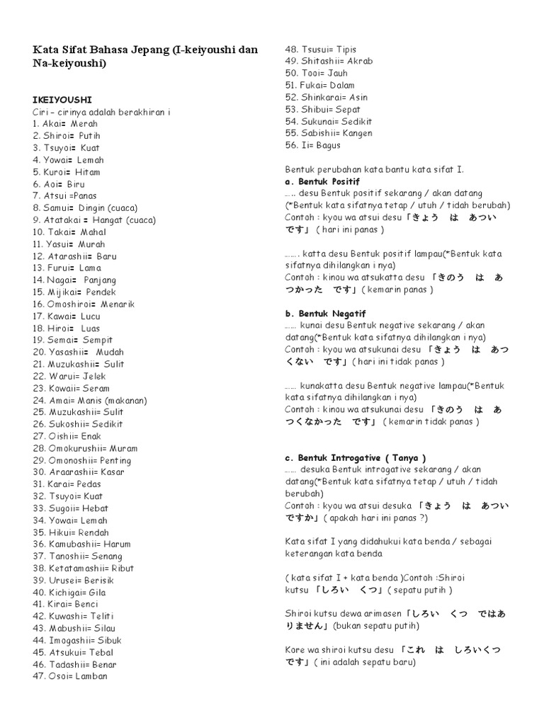 Kata Sifat Bahasa Jepang | PDF