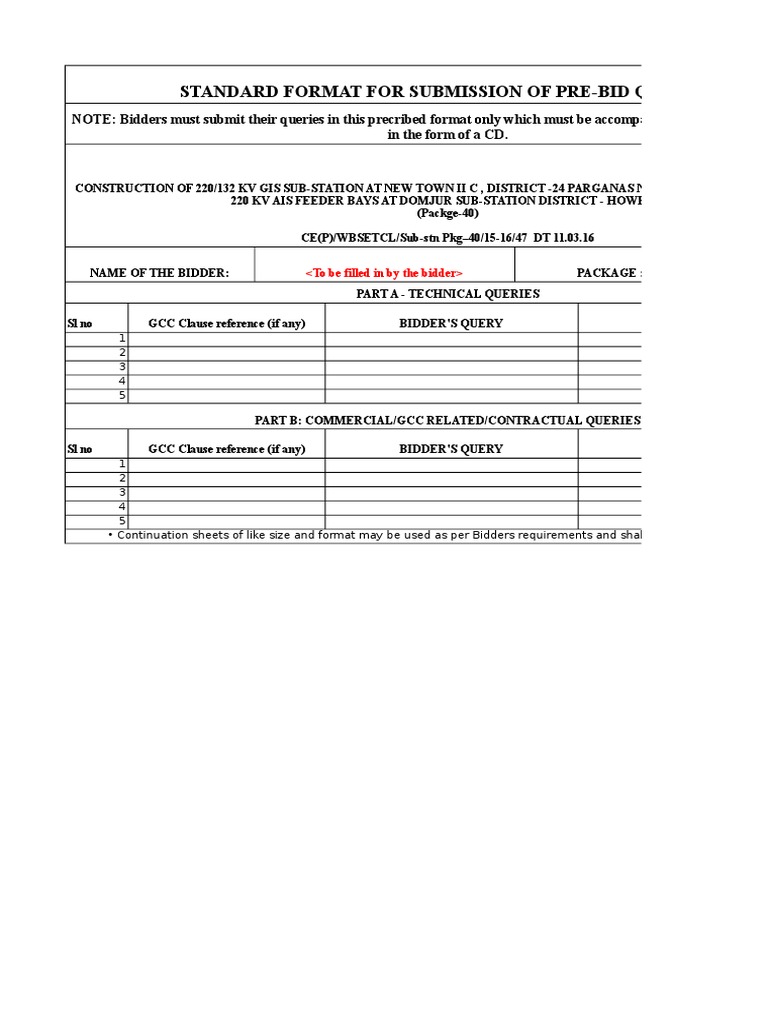 Pre Bid Query & Clarification Format | PDF