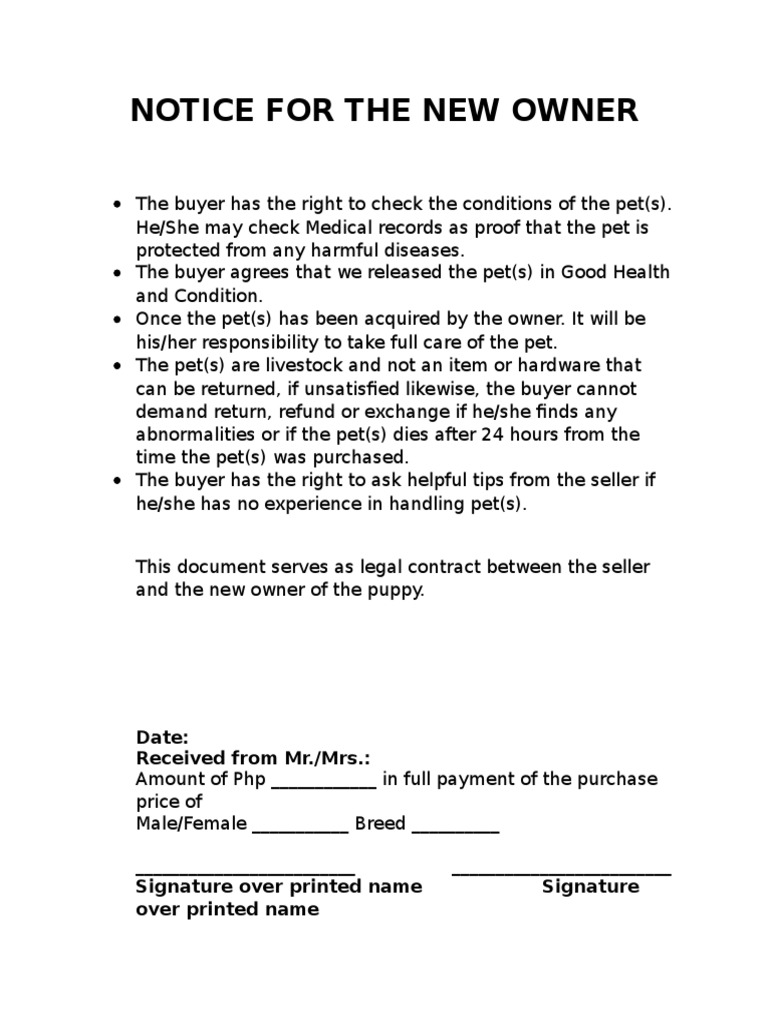 Pet Purchase Agreement Notice | PDF