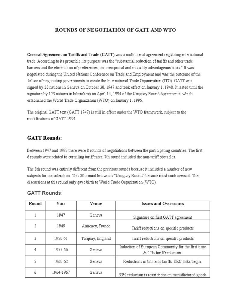 Rounds of Negotiation of Gatt and Wto | PDF | General Agreement On ...