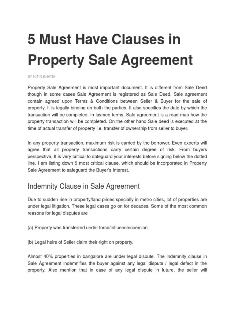 5 Must Have Clauses in Property Sale Agreement | PDF | Indemnity | Deed