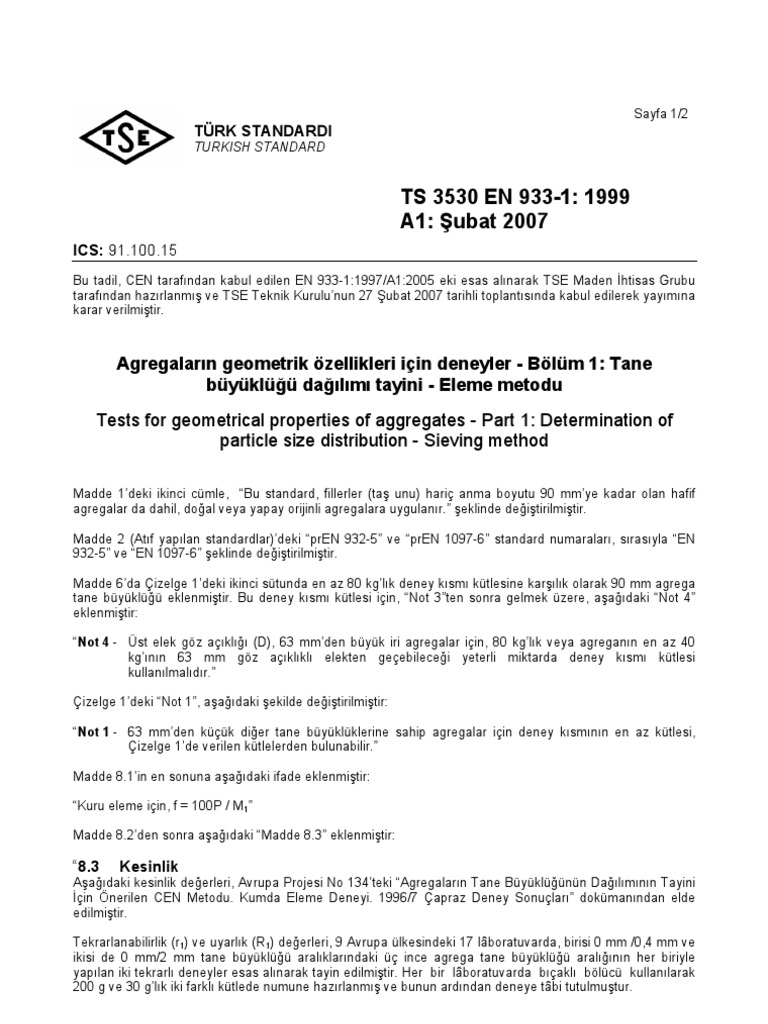 TS 3530 EN 933-1: 1999 A1: Şubat 2007 | PDF