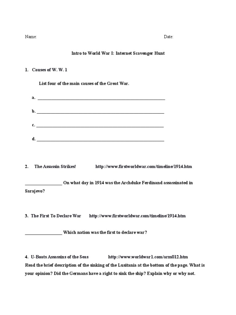 WWI Scavenger Hunt | PDF | World War I | U Boats