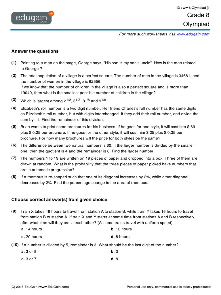 Grade 8 Olympiad WW | PDF | Numbers | Sequence