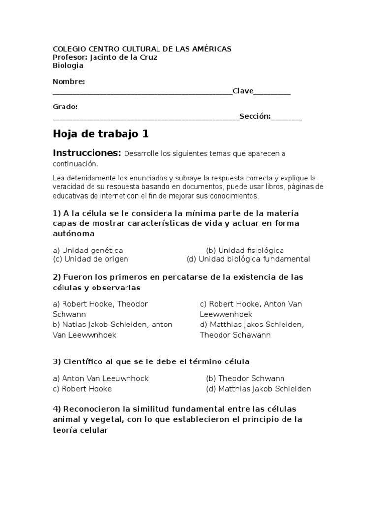 Hoja de Trabajo 1 Biologia Quinto | PDF | Biología Celular) | Procariota