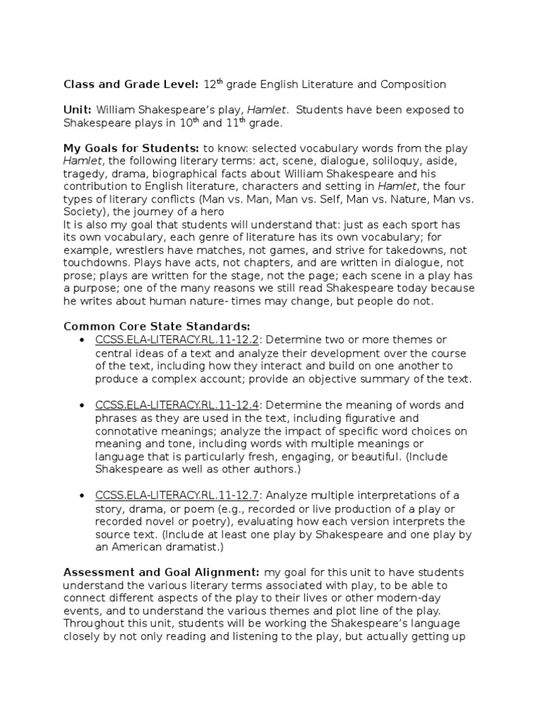 Hamlet Unit Plan Overview | PDF | Play (Theatre) | Hamlet