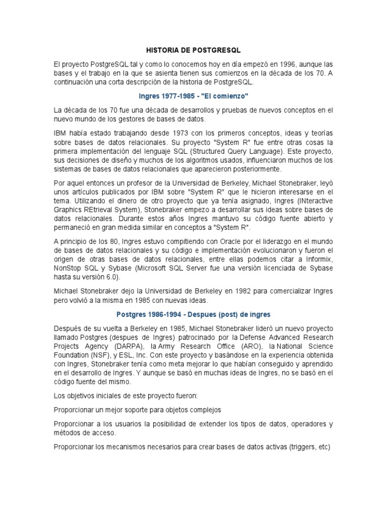 Historia de Postgresql | PDF | Postgre Sql | Bases de datos