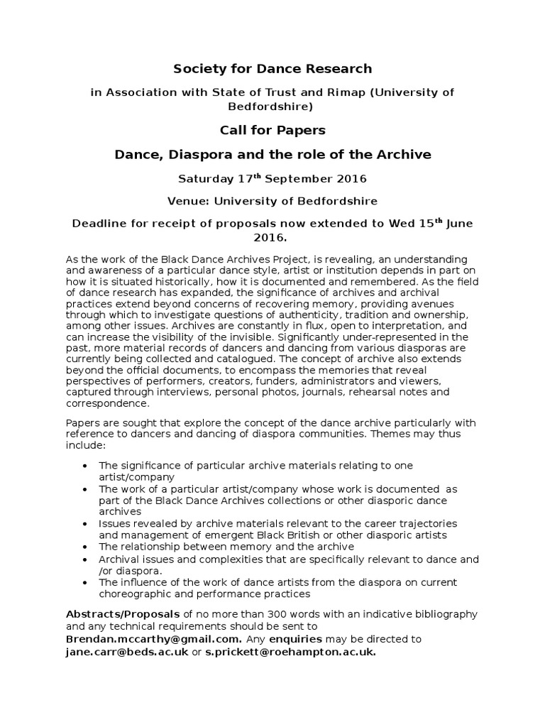 Society For Dance Research: Dance, Diaspora and The Role of The Archive ...