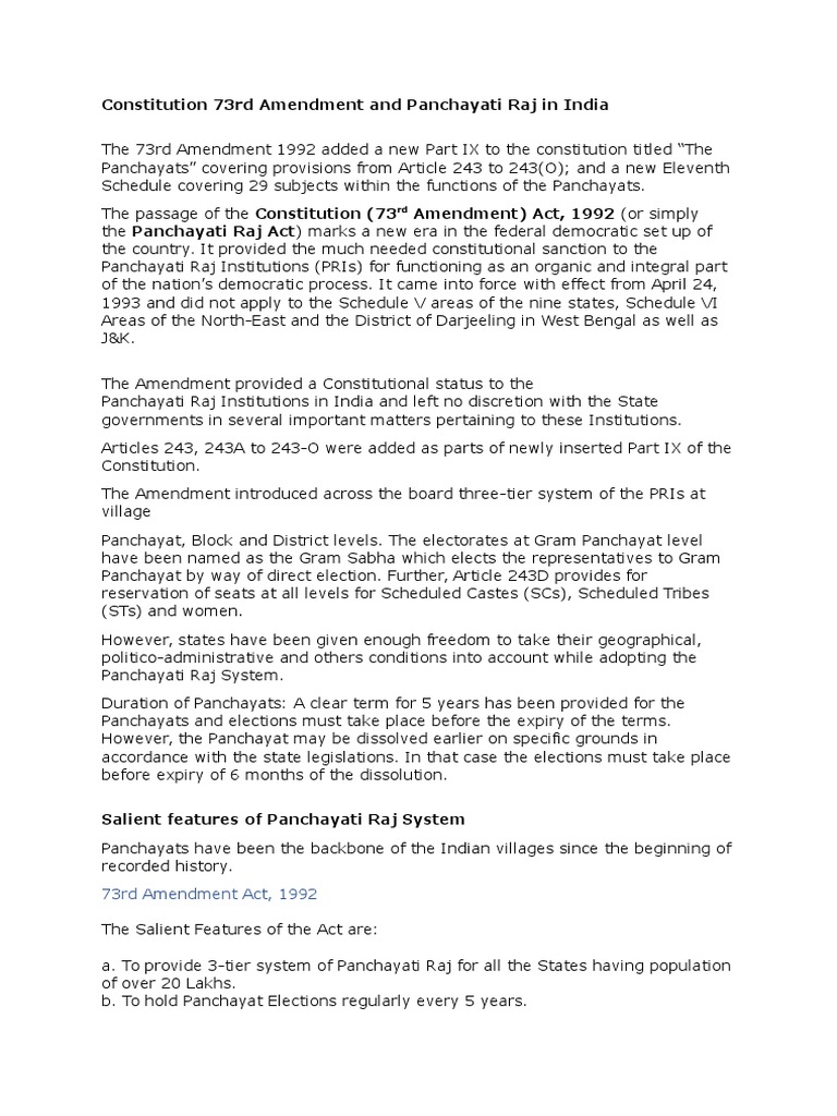 Constitution 73rd Amendment and Panchayati Raj in India | PDF ...