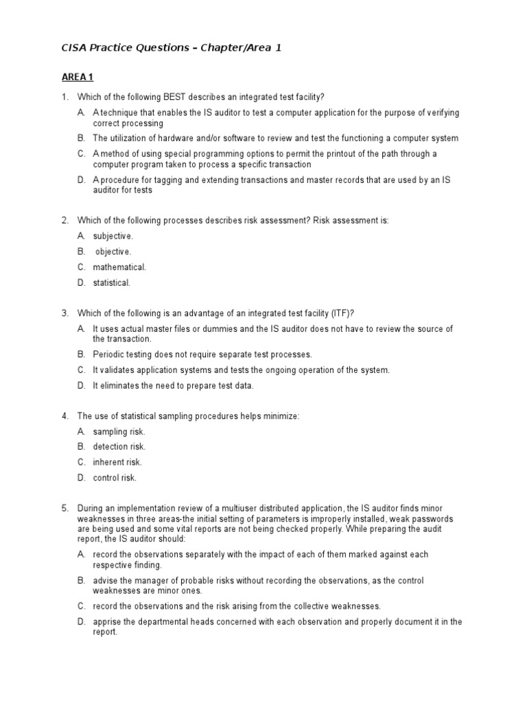 Practice Questions - CISA Area 1 | PDF | Audit | Risk
