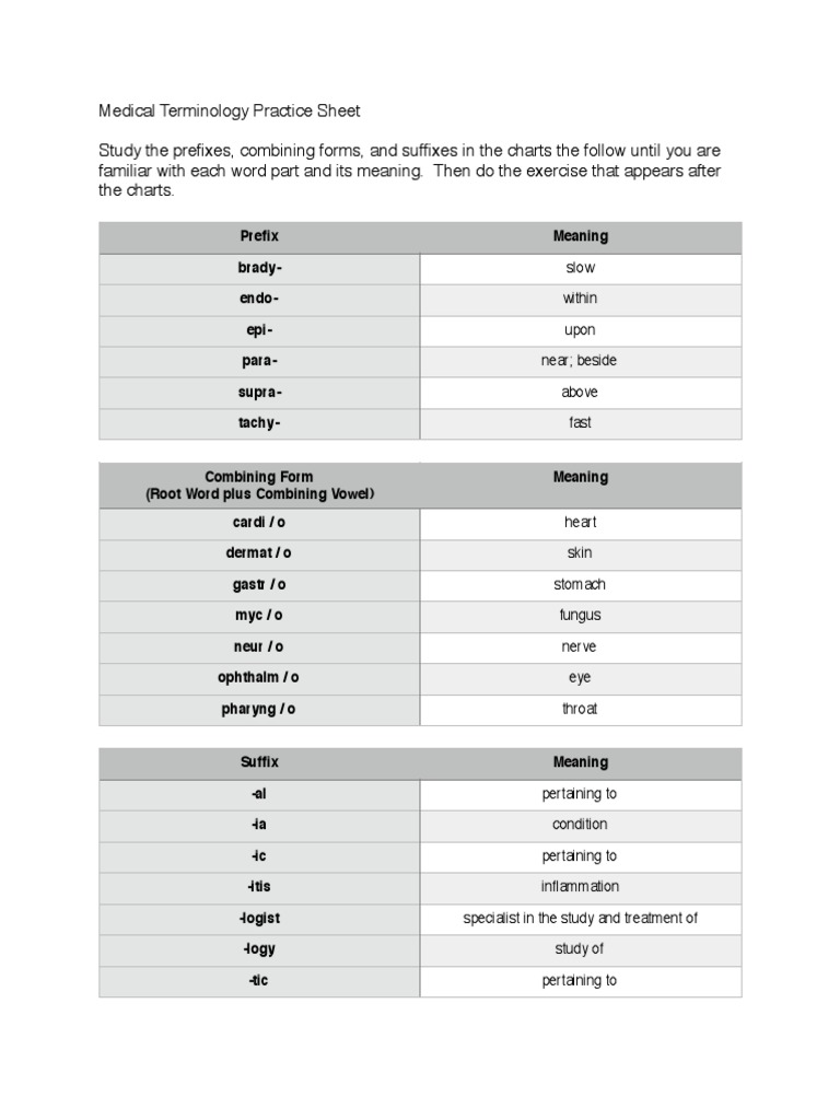 Medical Terminology Practice Sheets | Medical Specialties | Medicine