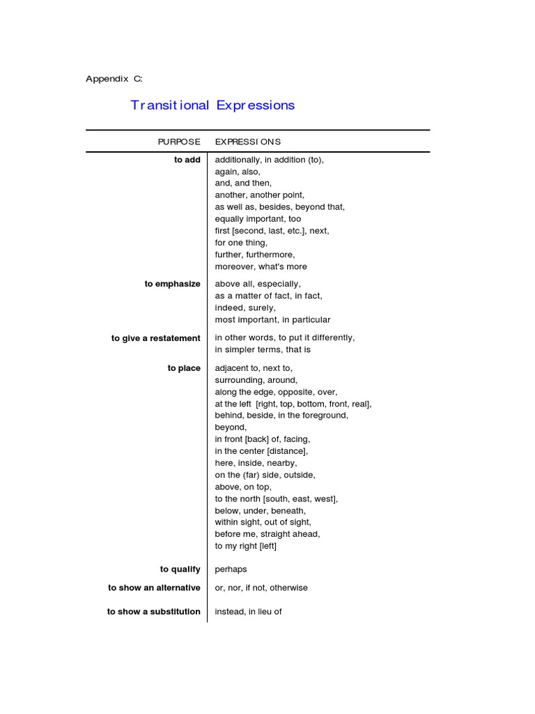 Transitional Expressions Guide | PDF | Statistics | Cognitive Science