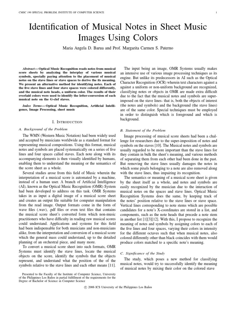 Identification of Musical Notes in Sheet Music Images Using Colors ...
