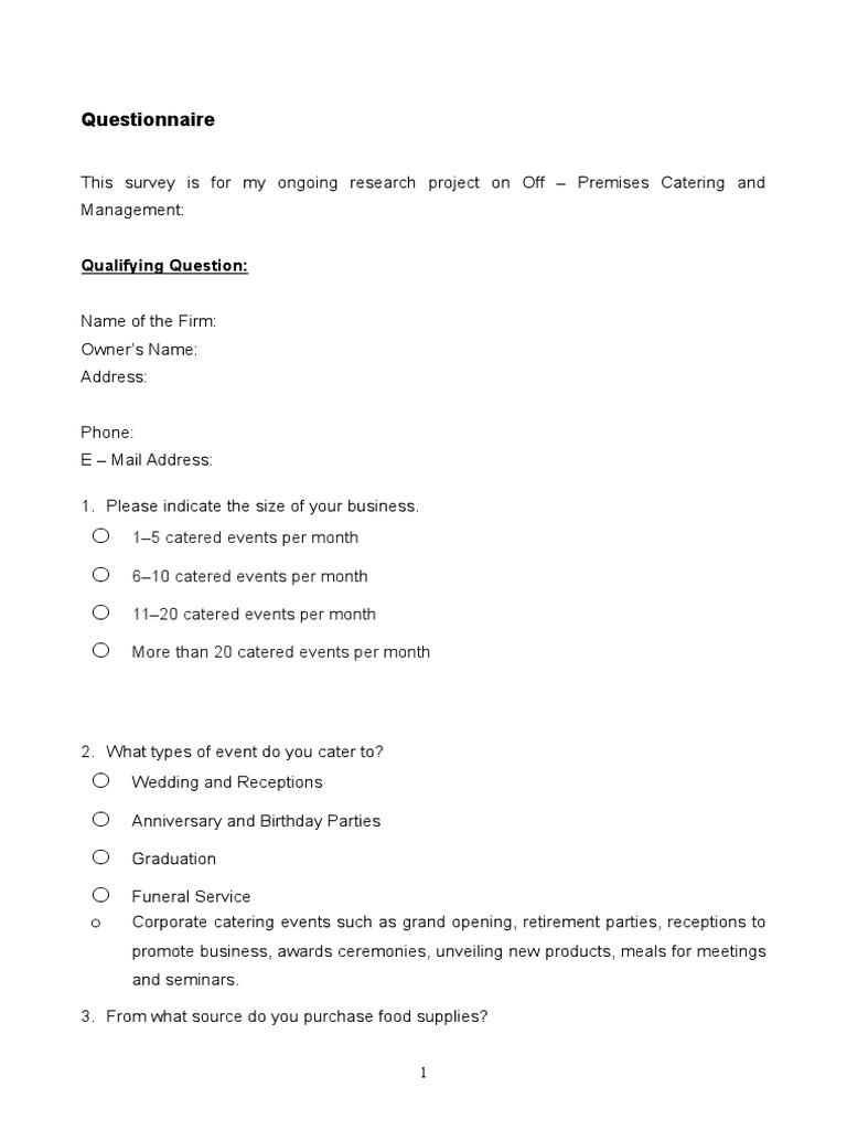 Catering Services Survey Questionnaire | PDF | Career & Growth