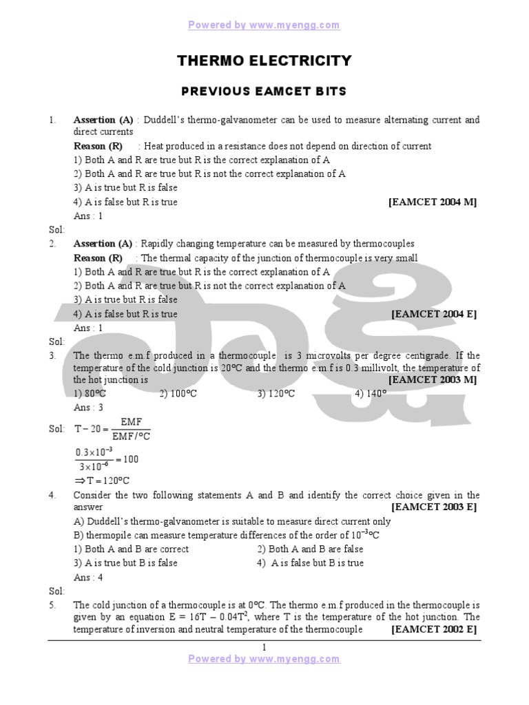 Thermo Electricity EAMCET Questions | PDF | Force | Thermodynamics