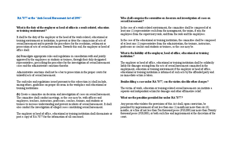 RA 7877 or The "Anti-Sexual Harassment Act of 1995" | PDF | Sexual ...