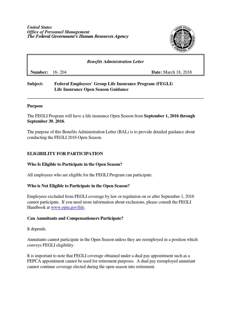 Federal Employees’ Group Life Insurance Program (FEGLI) Life Insurance ...