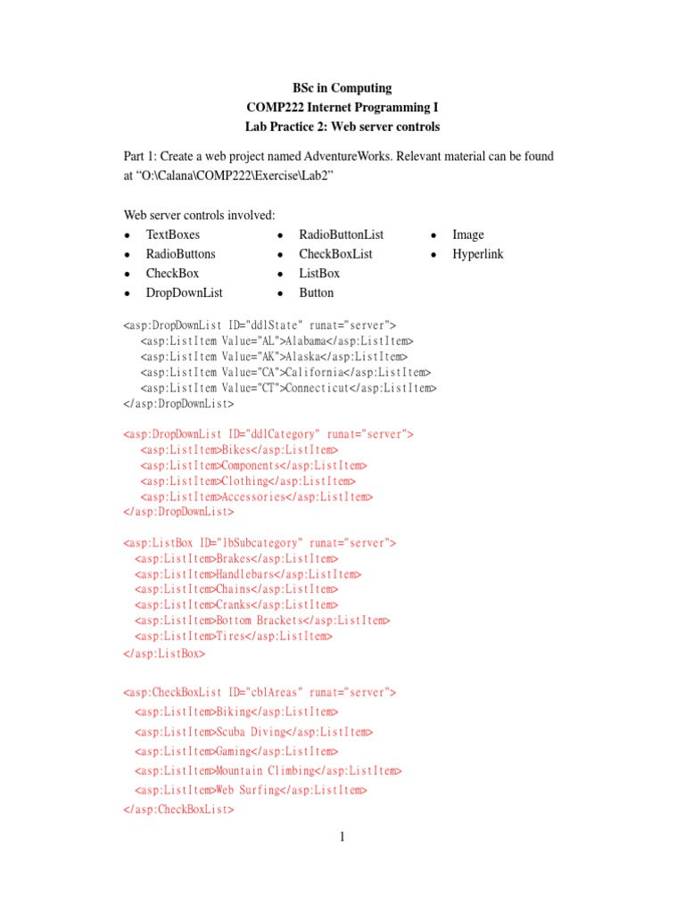 BSC in Computing Comp222 Internet Programming I Lab Practice 2: Web Server Controls | Download ...