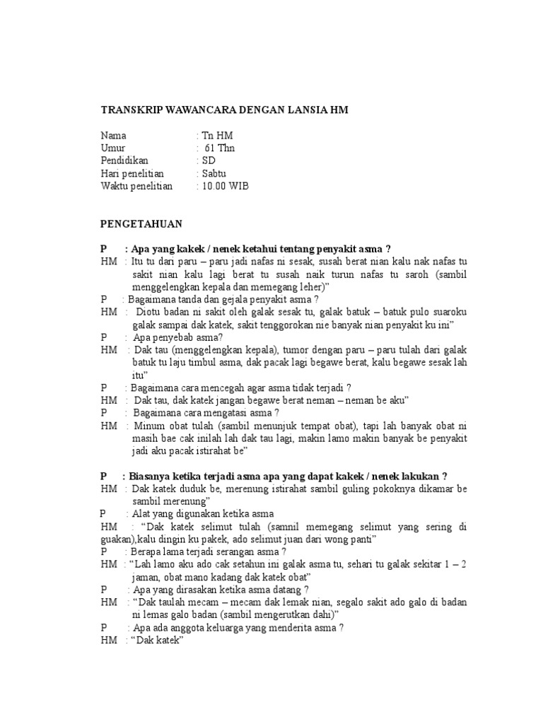 Transkrip Wawancara Dengan Lansia HM | PDF