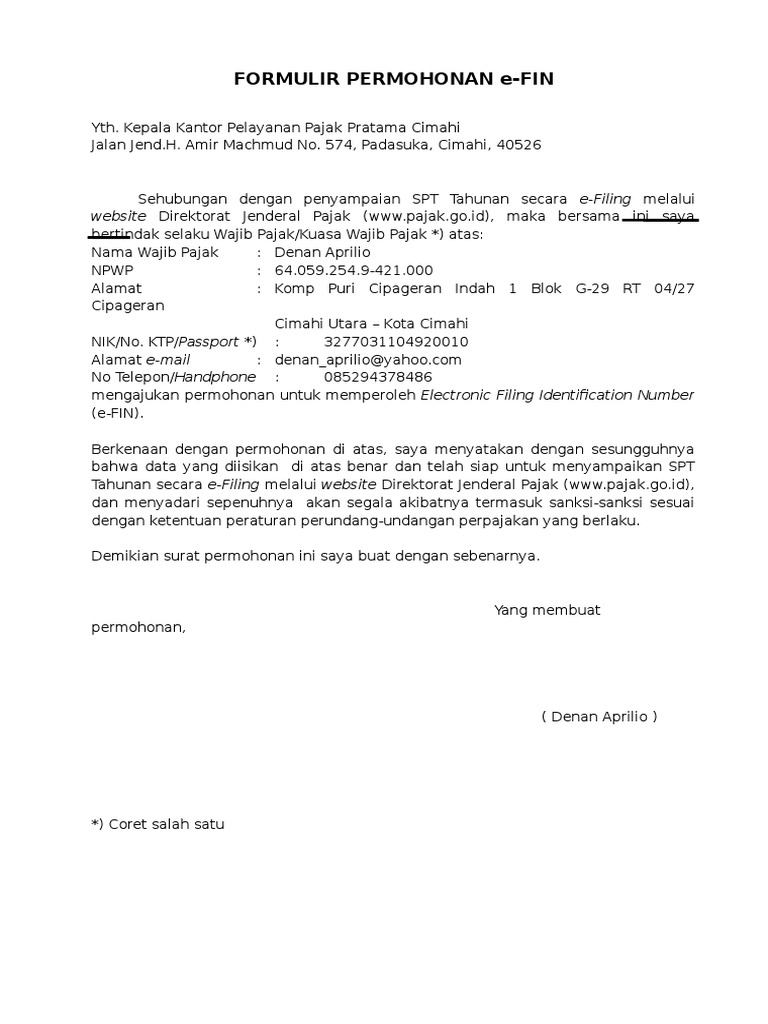 Formulir Permohonan Efin | PDF