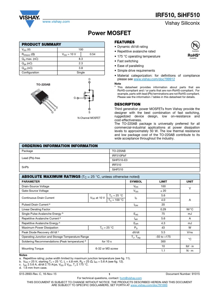 IRF510 MOSFET Datasheet Overview | PDF | Field Effect Transistor | Mosfet