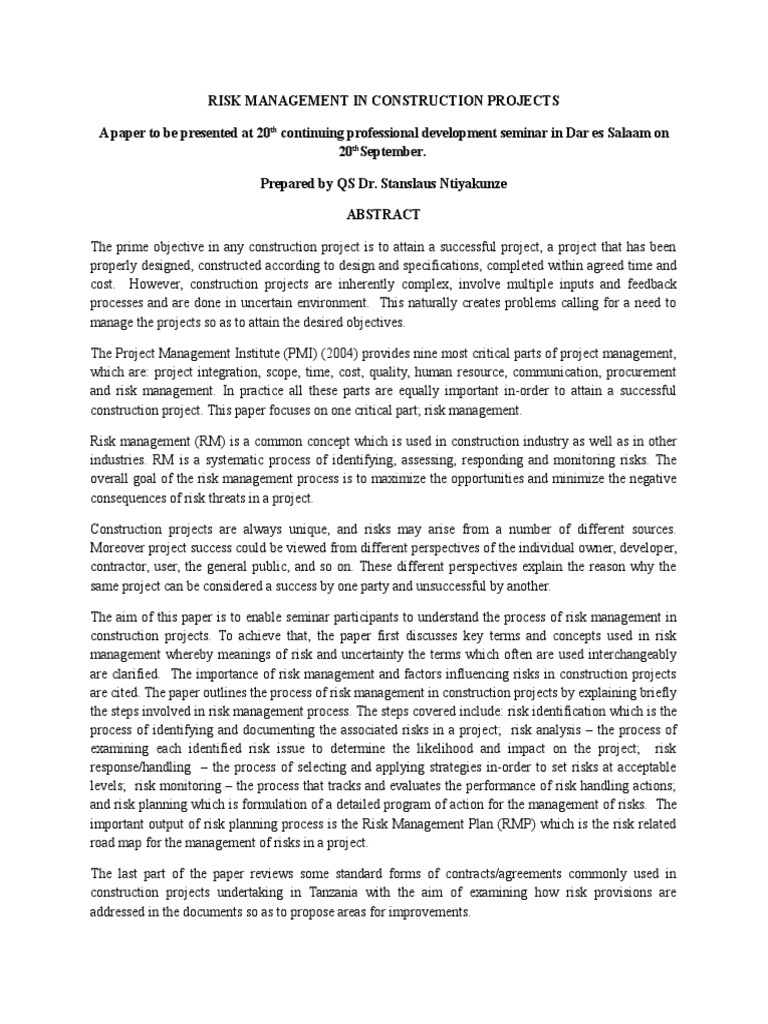 Risk Management in Construction Projects - Abstract | Risk Management ...