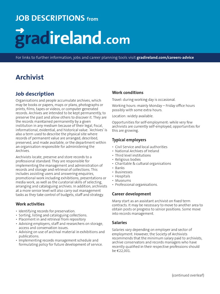 Job Descriptions: Archivist | PDF | Archive | Archivist