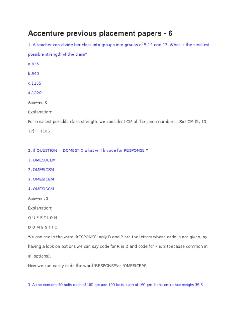 Accenture Previous Placement Papers | PDF | Odds | Numbers