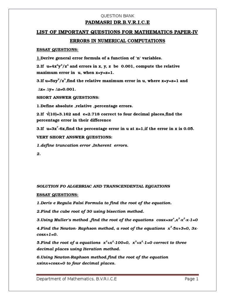 Padmasri Dr.B.V.R.I.C.E List of Important Questions For Mathematics ...
