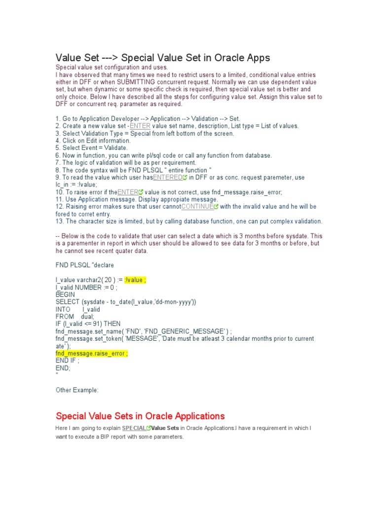 Special Value Set in Oracle Apps | PDF | Oracle Database | Parameter ...