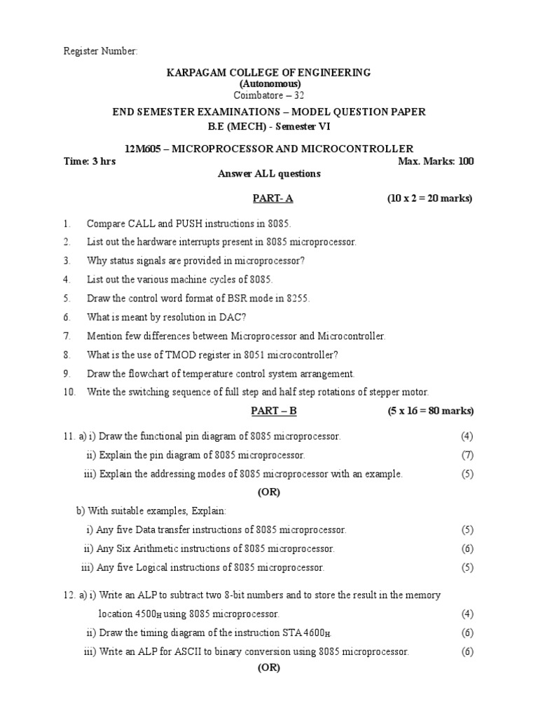 Microprocessor & Microcontroller Exam Paper | PDF | Central Processing Unit | Microcontroller
