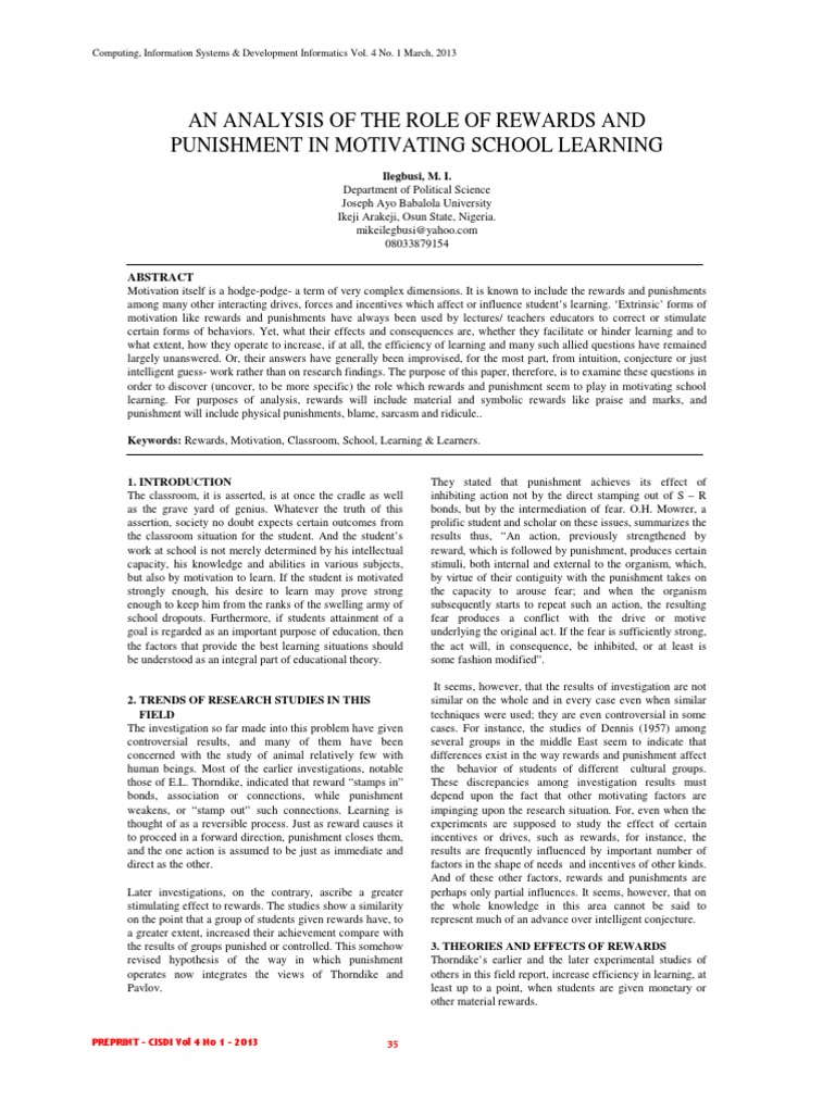 An Analysis of the Role of Rewards and Punishment in Motivating School ...