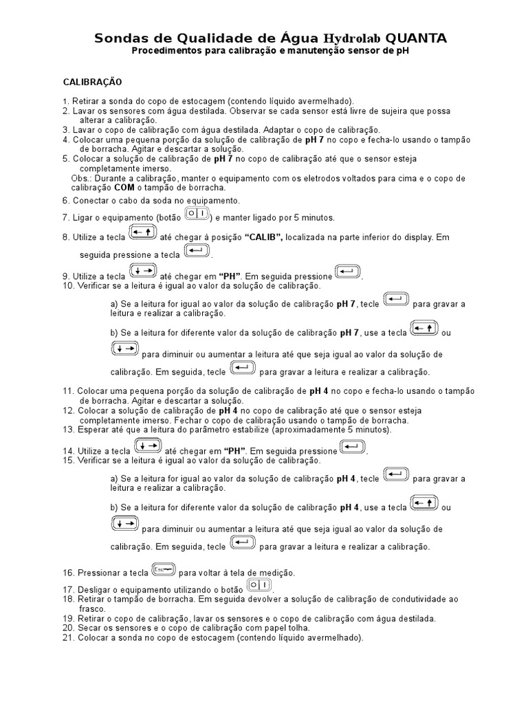 Sondas de Qualidade de Água Hydrolab QUANTA - PH | PDF | Ph | Solução