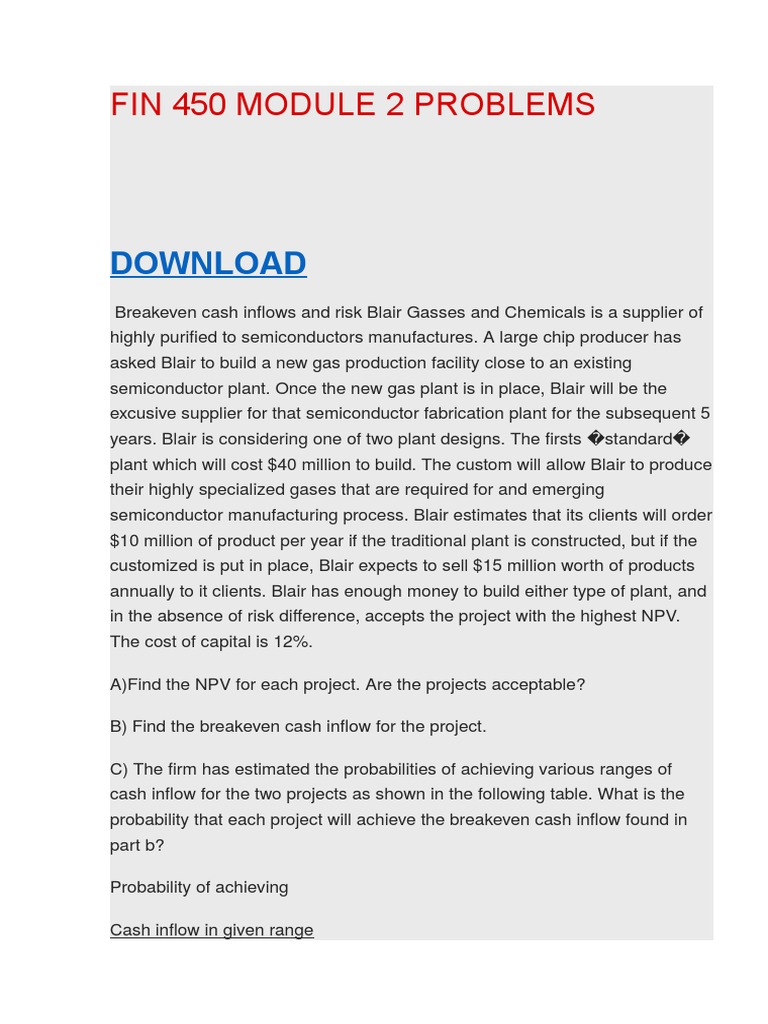 Fin 450 Module 2 Problems | PDF | Net Present Value | Internal Rate Of ...