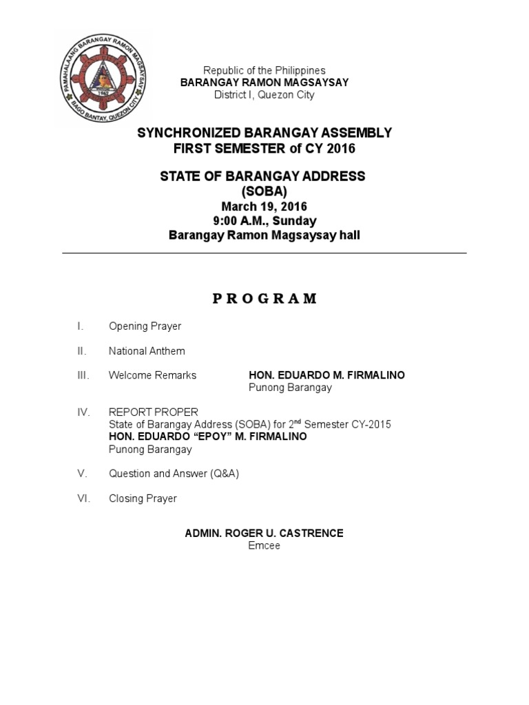 BARANGAY ASSEMBLY Program 2016 | PDF | Social Science | Travel