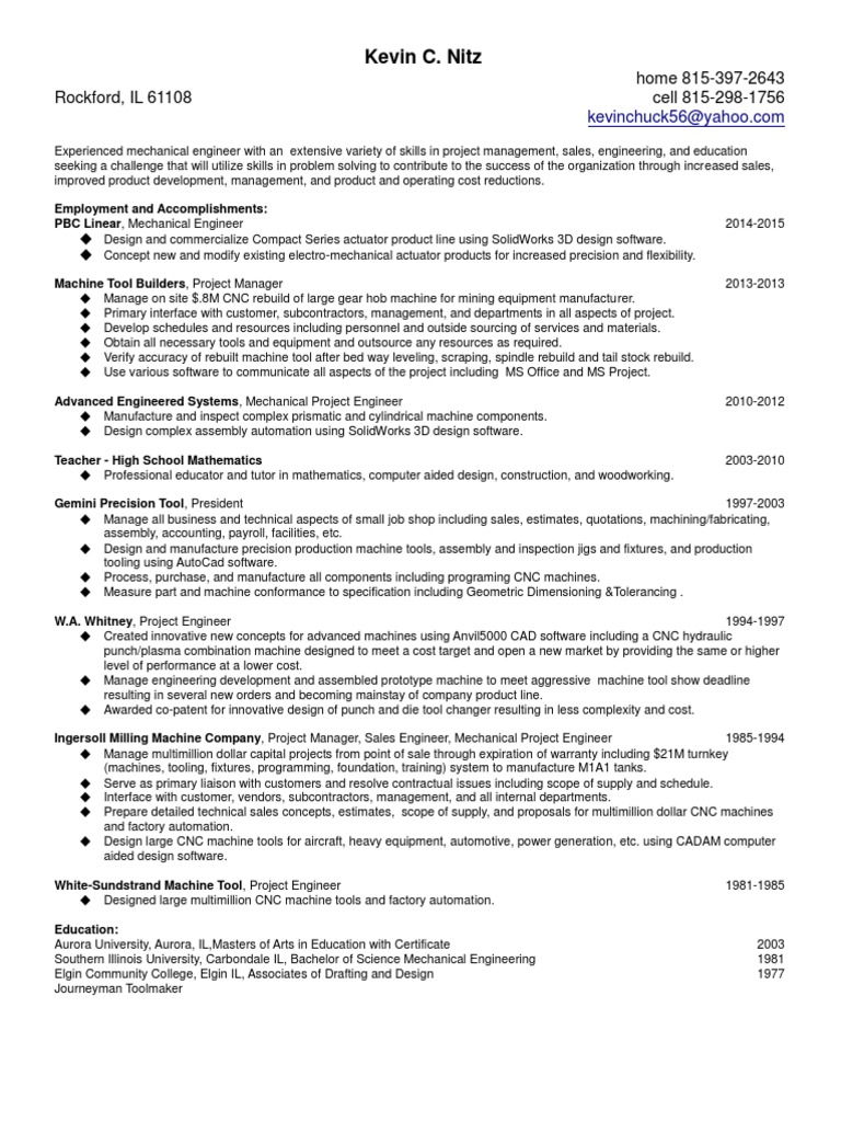 Mechanical Engineer Project Manager in Rockford IL Resume Kevin Nitz ...
