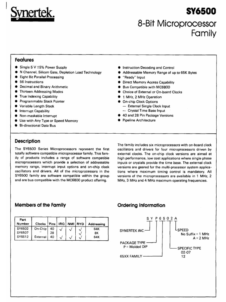 SY6502 Microprocessor Datasheet | PDF