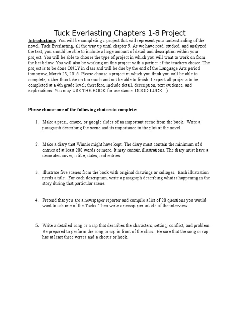 Tuck Everlasting Chapters 1-8 Project | PDF