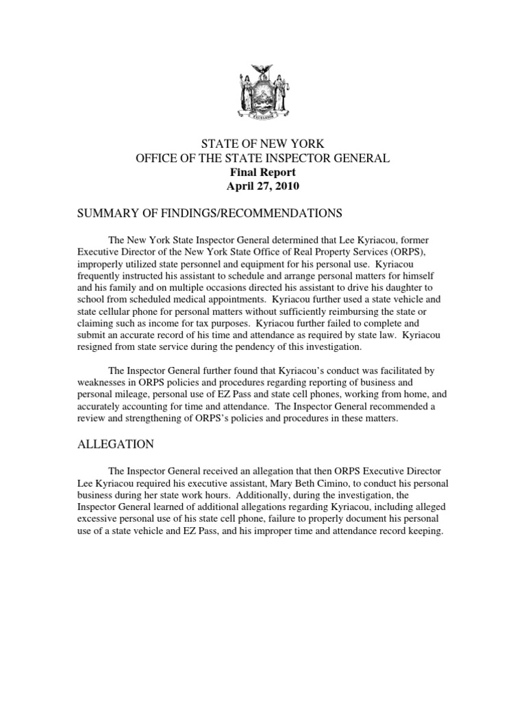 State of New York Office of The State Inspector General: Final Report ...