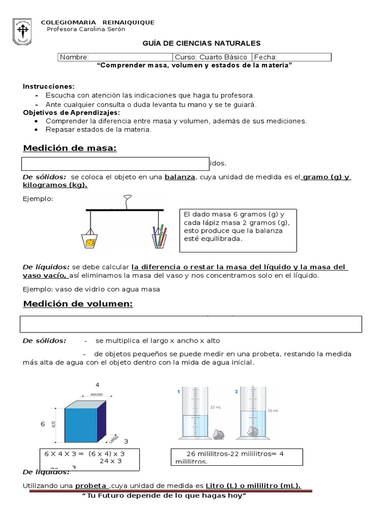 Guía de Masa y Volumen 4° Básico | PDF | Volumen | Masa