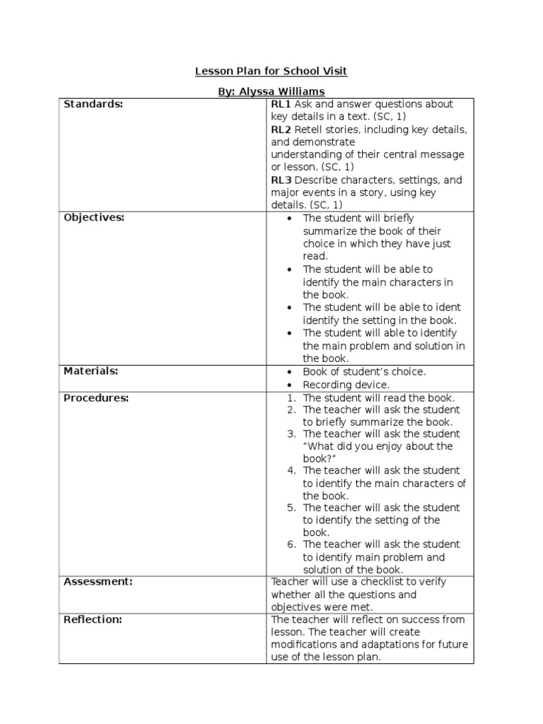 Lesson Plan For School Visit By: Alyssa Williams Standards: RL1 Ask and ...
