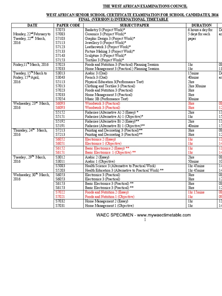 2016 WAEC / WASSCE Time Table - May June | PDF | Shorthand | Plumbing