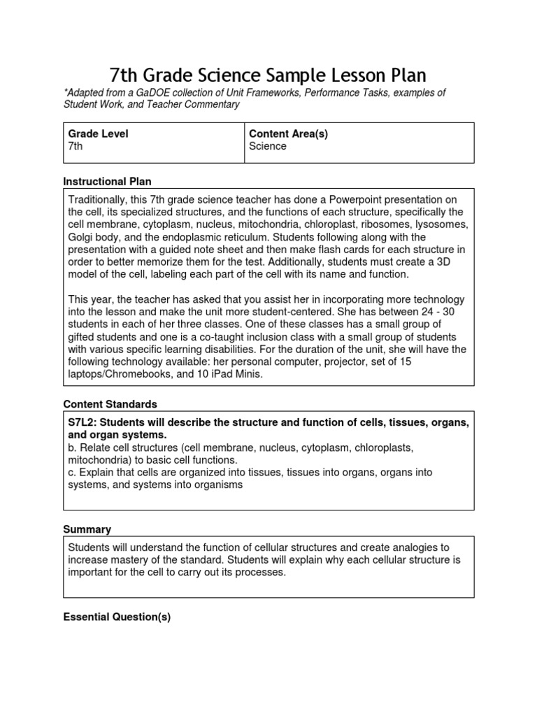 7th Grade Science Sample Lesson Plan 1 | PDF | Cytoplasm | Cell (Biology)