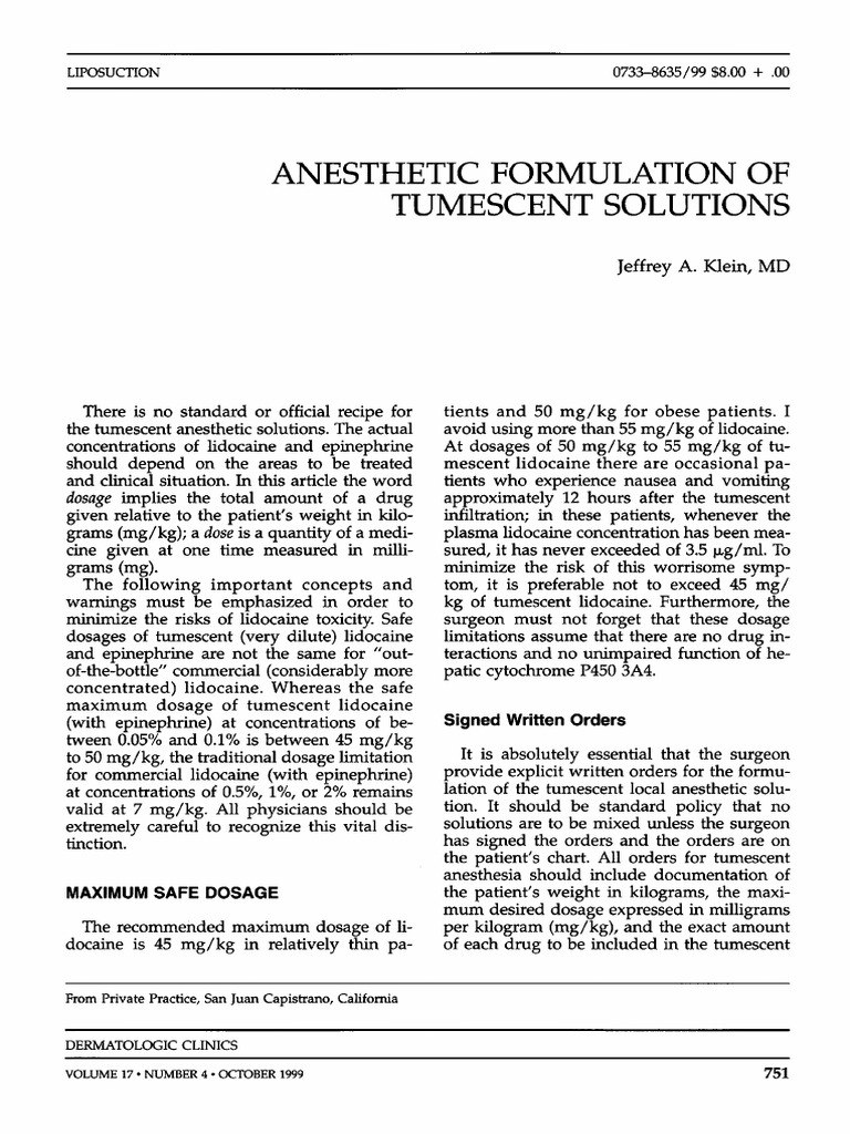Tumescent Anesthesia Guidelines and Dosage | PDF | Anesthesia | Saline ...