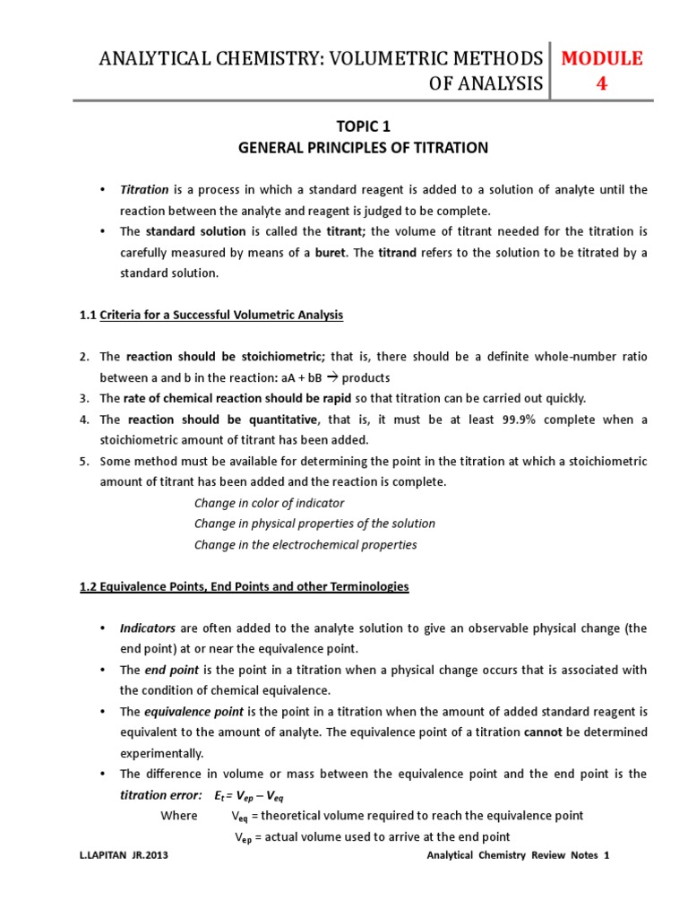 Analytical Chemistry Notes Titrations | PDF | Titration | Chemistry